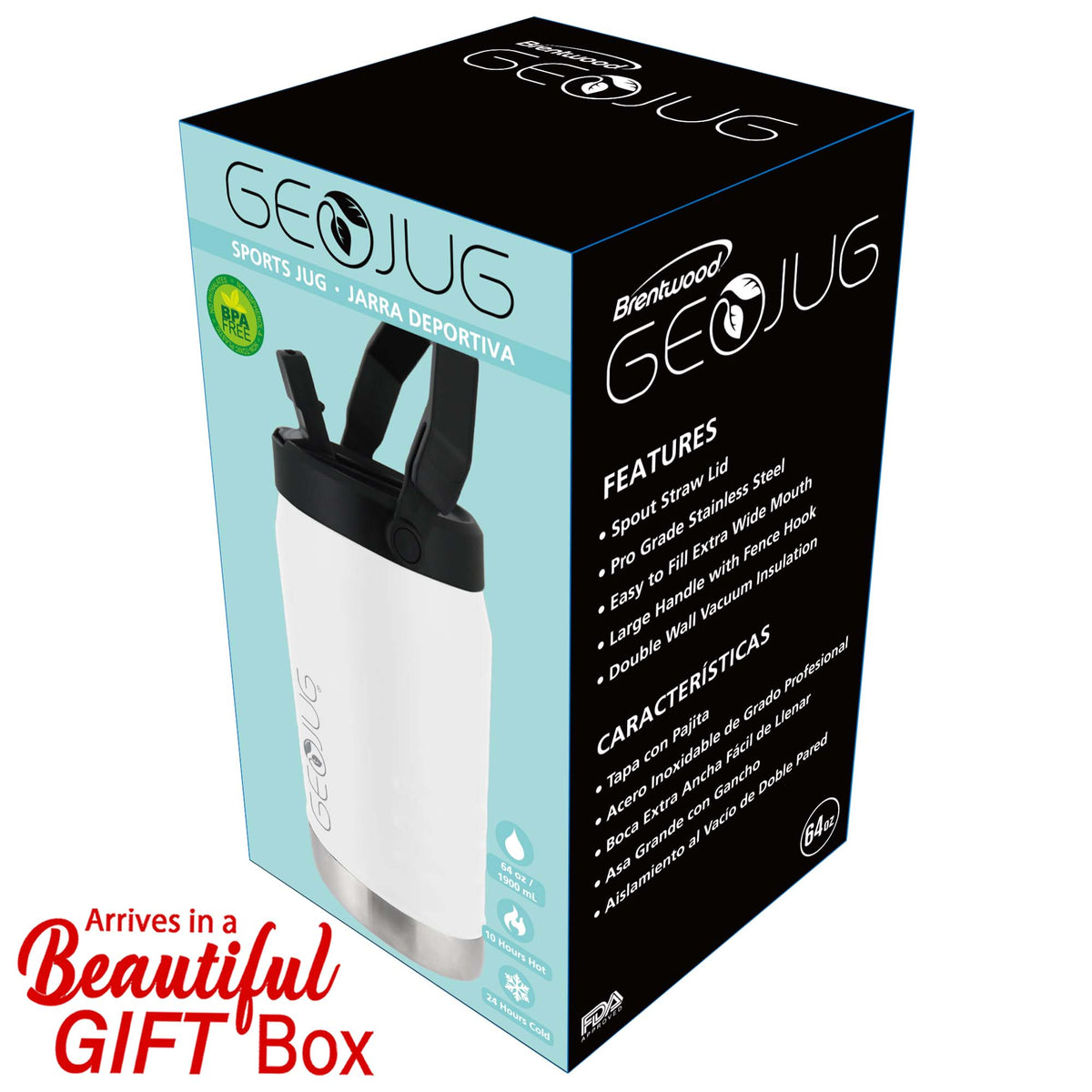 Brentwood GeoJug G-1900CRM 64oz Stainless Steel Vacuum Insulated Sport ...