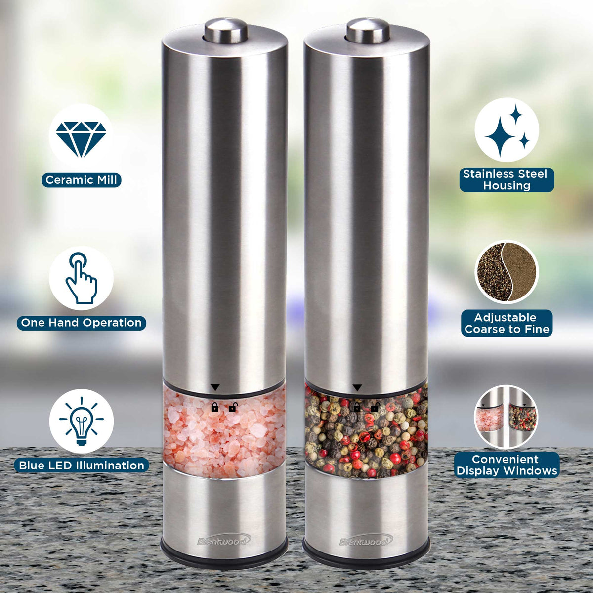 Brentwood SG-2321S Electric Blue LED Salt and Pepper Adjustable Cerami ...