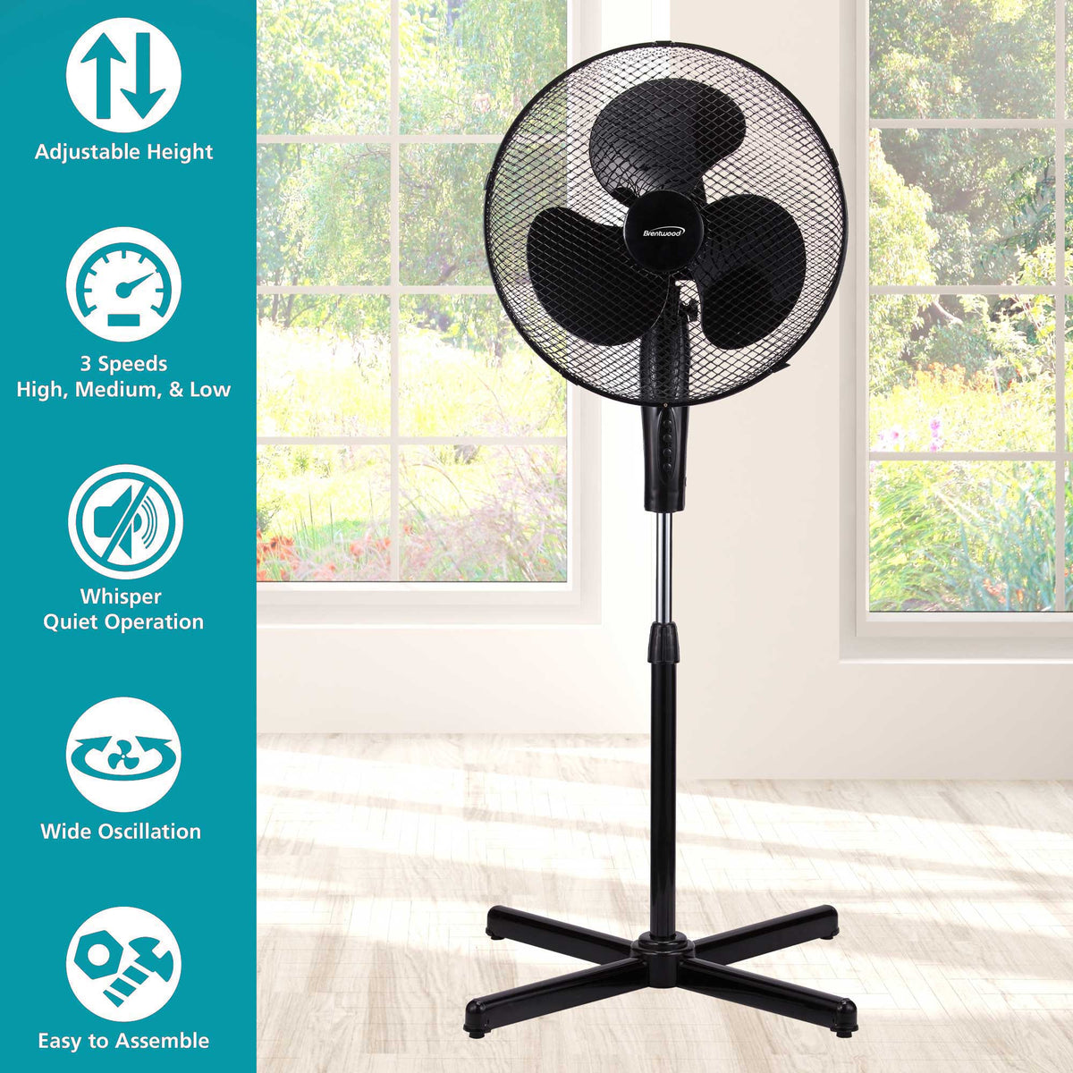 Brentwood Kool Zone F-16SMB 3-Speed 16” Oscillating Stand Fan, Black ...