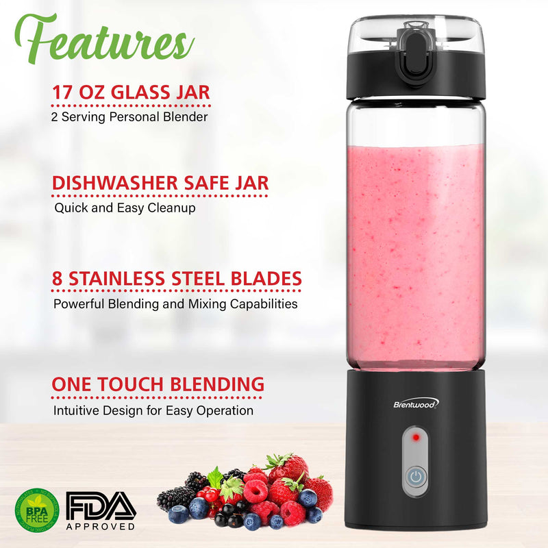 Brentwood RJB-100BK 17oz Portable Battery Operated USB Glass Blender ...