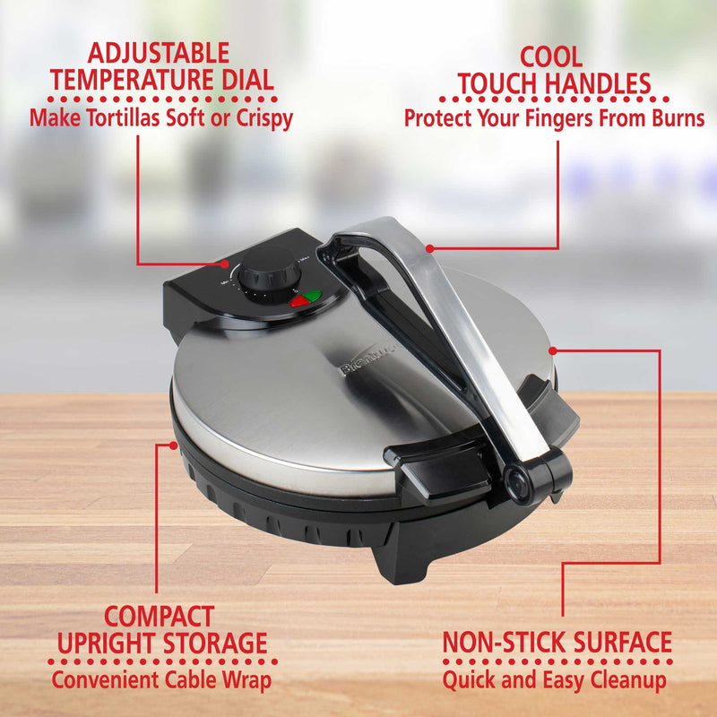 Brentwood TS-129 Stainless Steel Non-Stick Electric Tortilla Maker, 12 ...