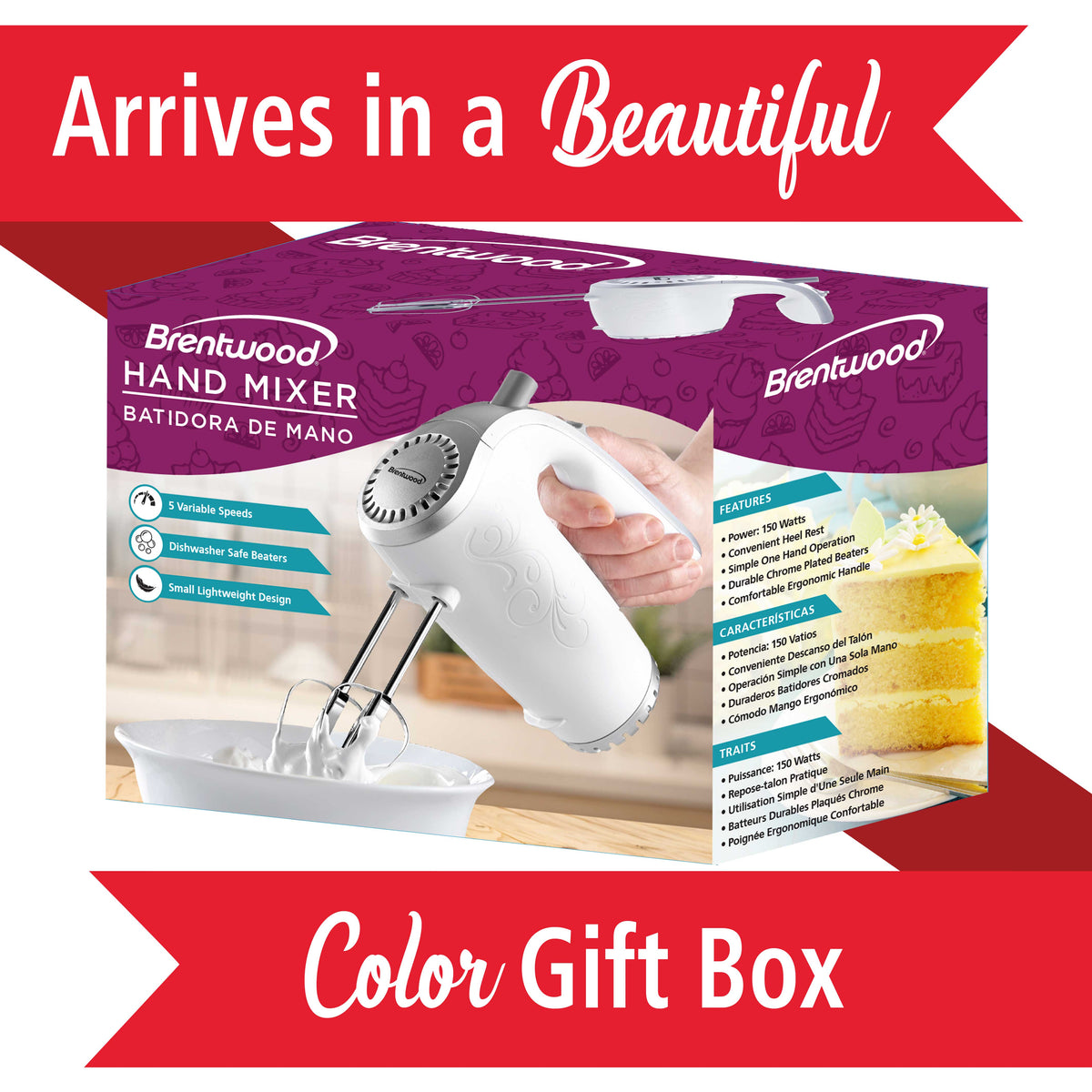 Brentwood HM-48W Lightweight 5-Speed Electric Hand Mixer, White ...