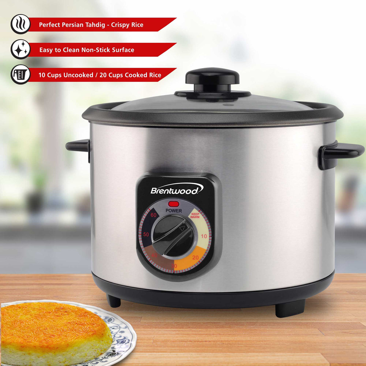 Brentwood TS-1020S 10-Cup Uncooked/20-Cup Cooked Crunchy Persian Rice ...